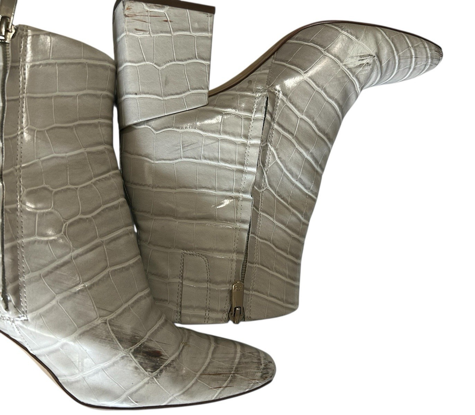 Sam Edelman Daruby Croc Ivory Block Heel Square Toe Boots Side Zip 9.5M ...