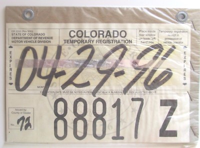 Colorado 1996 TEMPORARY REGISTRATION License Plate # 88817 Z | eBay