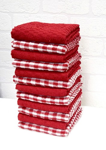 12x RED Tea Towels Set 100% Cotton Terry Mono Check Kitchen Dishcloth ...