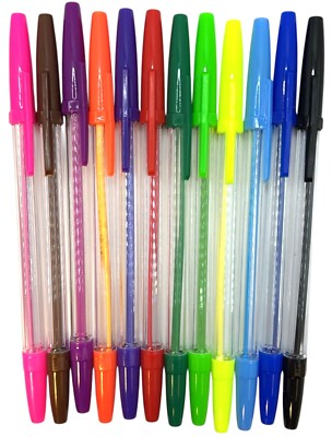 12 Multicoloured Ballpoint Pens Easy Write Writing Bright Colours ...