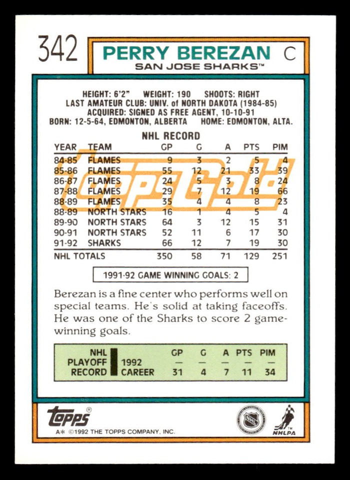 Perry Berezan San Jose Sharks 1992-93 Topps Gold #342 | eBay