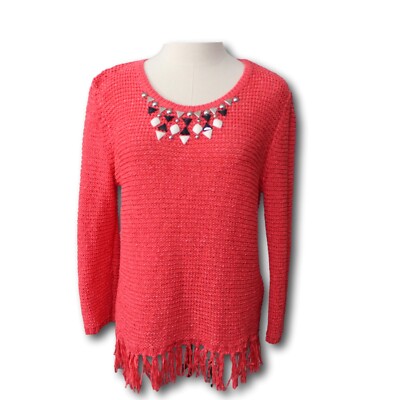 RUBY ROAD (M) Embellished Long Sleeve Sweater w/Fringe Coral | eBay