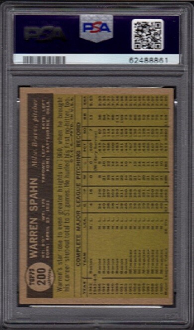 1961 Warren Spahn Topps Baseball Card #200 Graded PSA 6 Excellent-Mint ...