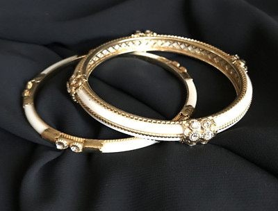 Bangle Cuff 2 piece Bracelet Set - White - Gold & Rhinestones | eBay