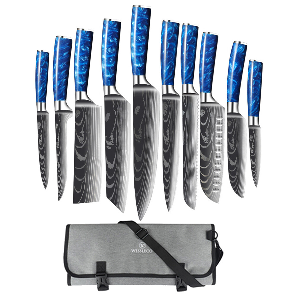 12PC Blue Kitchen Knife Set Japanese Damascus Pattern Chef Knife Block ...