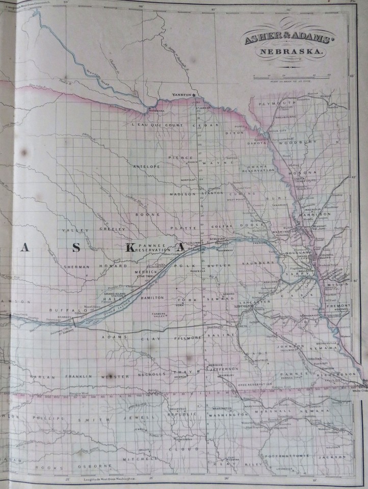 Nebraska 1872 scarce hand colored Asher & Adams large state map | eBay