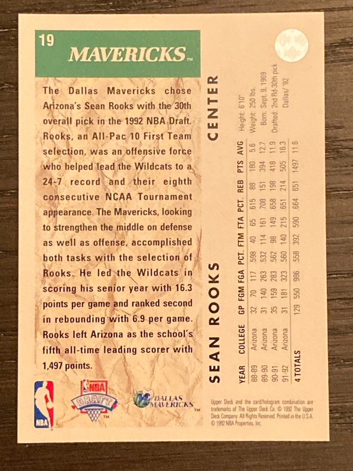 1992 SEAN ROOKS UPPER DECK NBA ROOKIE CARD RC #19 DALLAS MAVERICKS ...