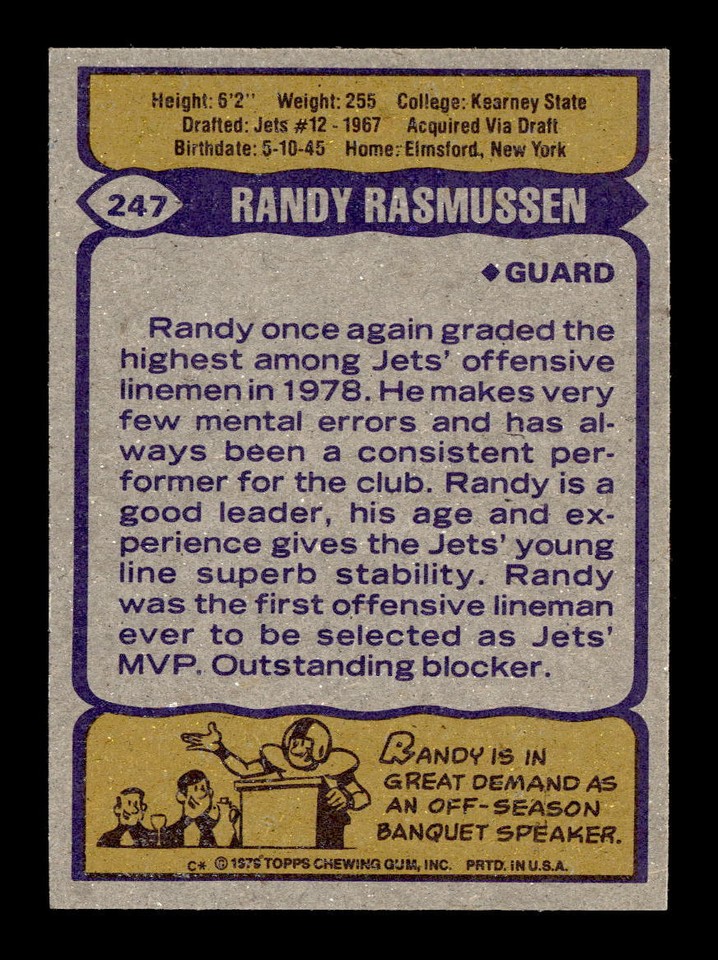 1979 Topps #247 Randy Rasmussen New York Jets EX-MT Football Card *I813 ...