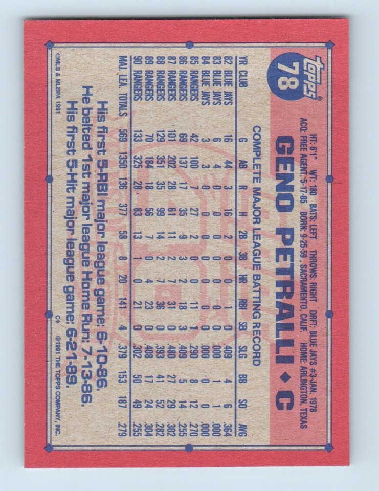 1991 Topps Geno Petralli Texas Rangers #78 | eBay