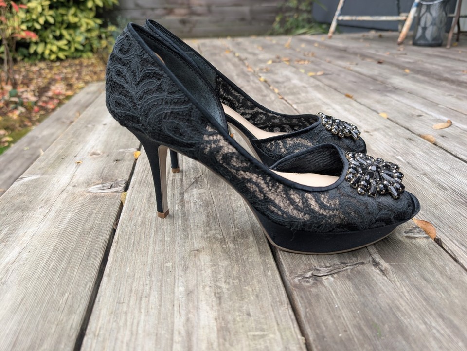 Nine West Jaquita Black Lace Peep-Toe Heels with Beaded Embellishment ...