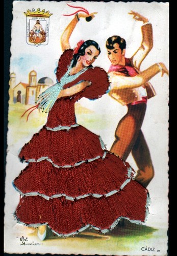 CADIZ (ESPAGNE) Couple DANSEUSE de FLAMENCO avec robe brodée illustrée ...