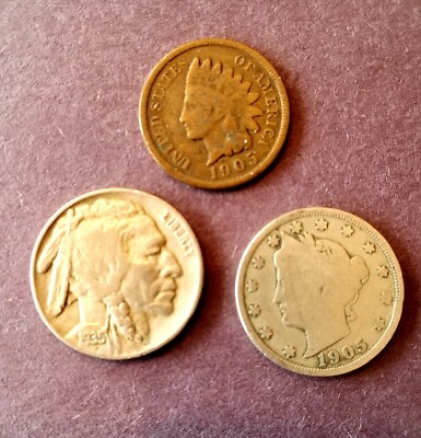 Old US Coins Starter Collection of 3 Indian Head Buffalo &V Nickel.NO ...
