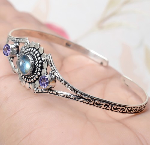 Labradorite, Amethyst Cut Gemstone Cuff 925 Sterling Silver Handwork ...
