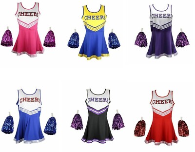 Cheerleader Outfit Fancy Dress Uniform Costumes With Pom poms | eBay UK