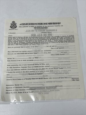 VINTAGE RSL RETURNED SERVICES LEAGUE 1970s WW1 WW2 APPLICATION SERVICE ...