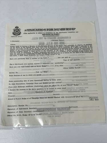 VINTAGE RSL RETURNED SERVICES LEAGUE 1970s WW1 WW2 APPLICATION SERVICE ...