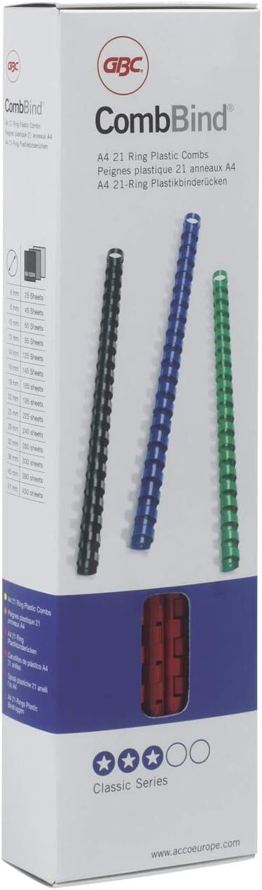 GBC CombBind Binding Combs, 8 mm, 45 Sheet Capacity, A4, 21 Ring, Wh ...
