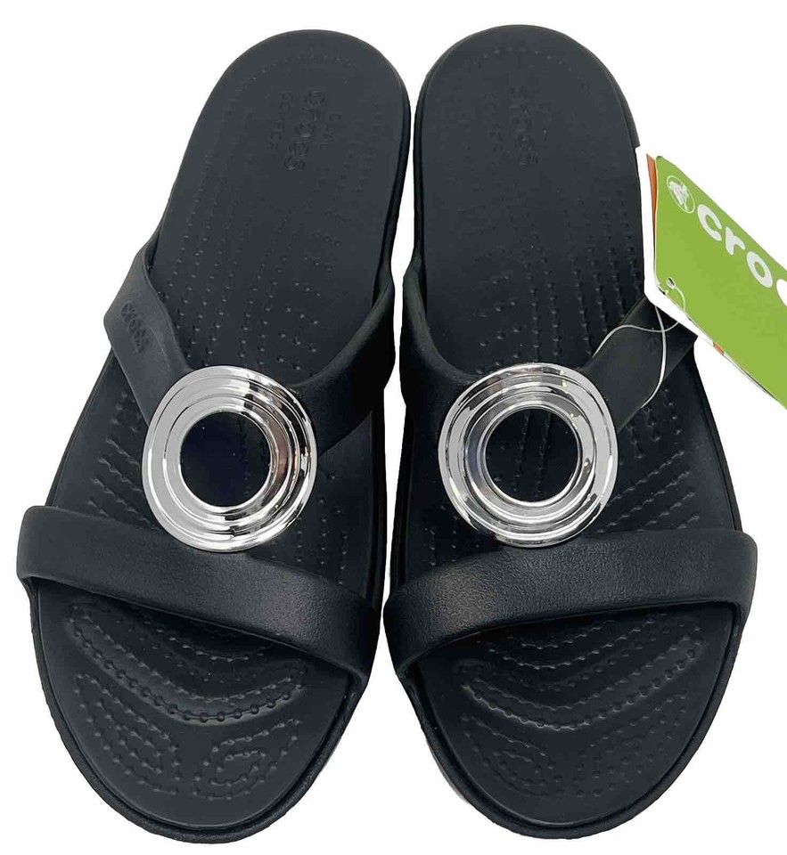 Crocs Sanrah Beveled Circle Slide Sandal Women's Size 11 Black/Silver ...