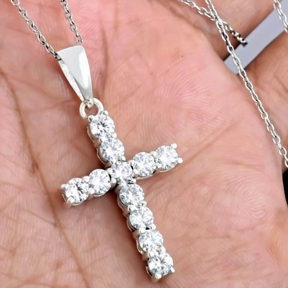 5.00 Ct Certified Round Cut White Diamond Cross Pendant In 14k White ...