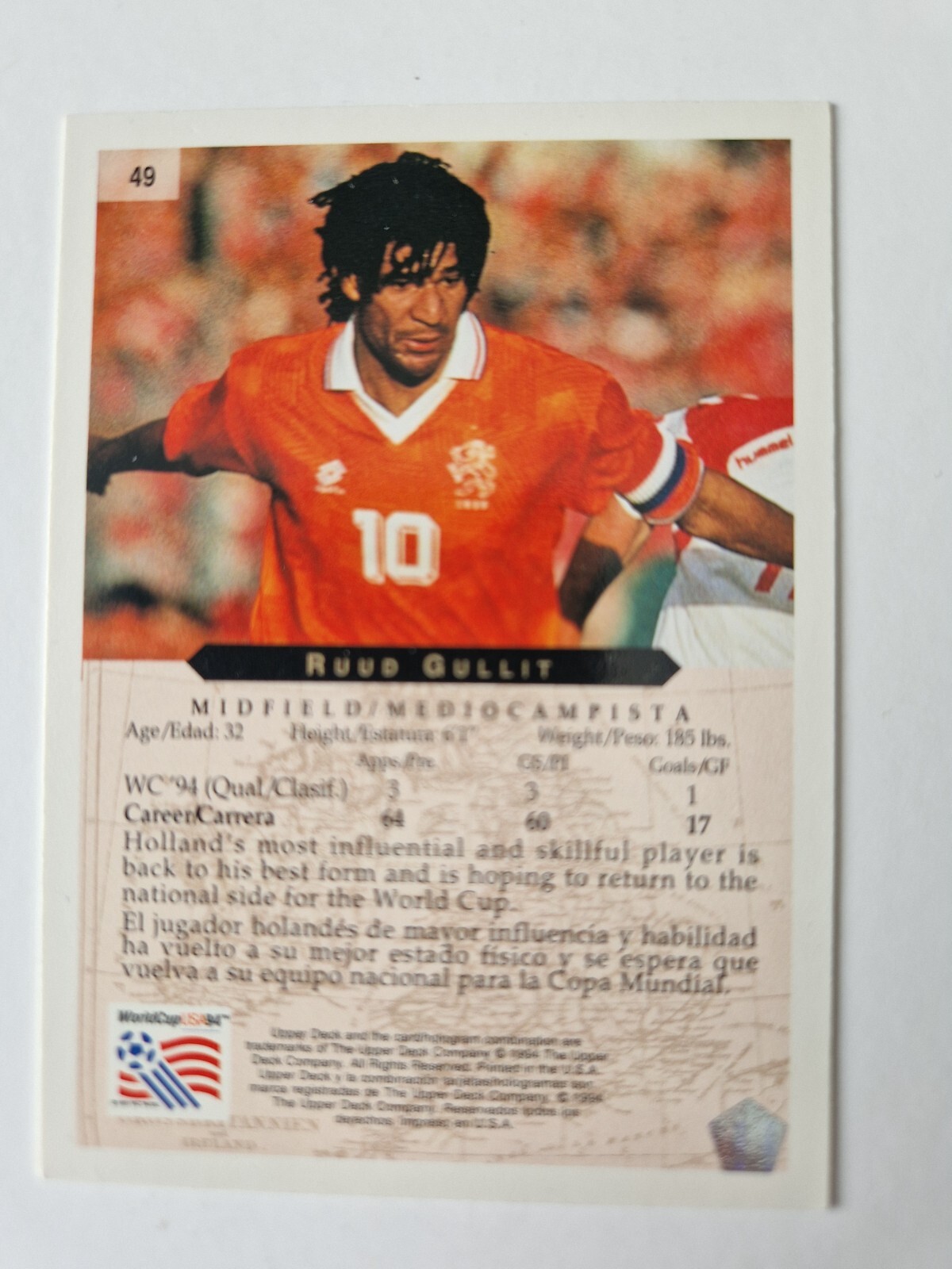 RUUD GULLIT (Netherlands) Card Upper Deck WC 94 Heroes All Star Set ...
