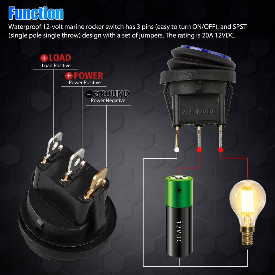 6X M1 Blue LED Light 12V 20A Car Auto Boat Round Rocker WATERPROOF ...