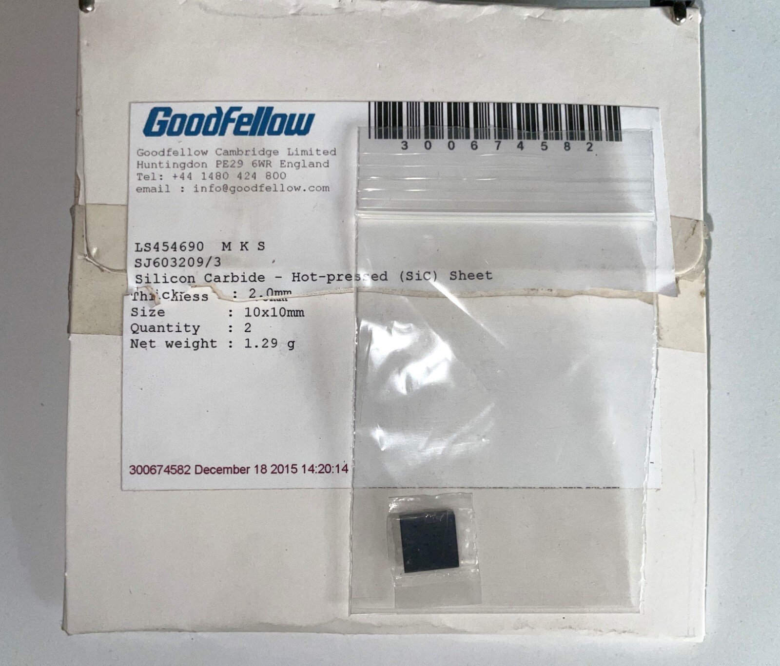 Goodfellow SJ603209 Silicon Carbide Hot Pressed SiC Sheet 10mm x 10mm x ...