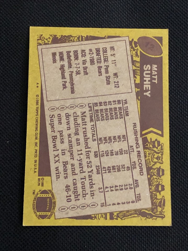 MATT SUHEY 1986 TOPPS SIGNED AUTOGRAPHED CARD #12 CHICAGO BEARS | eBay