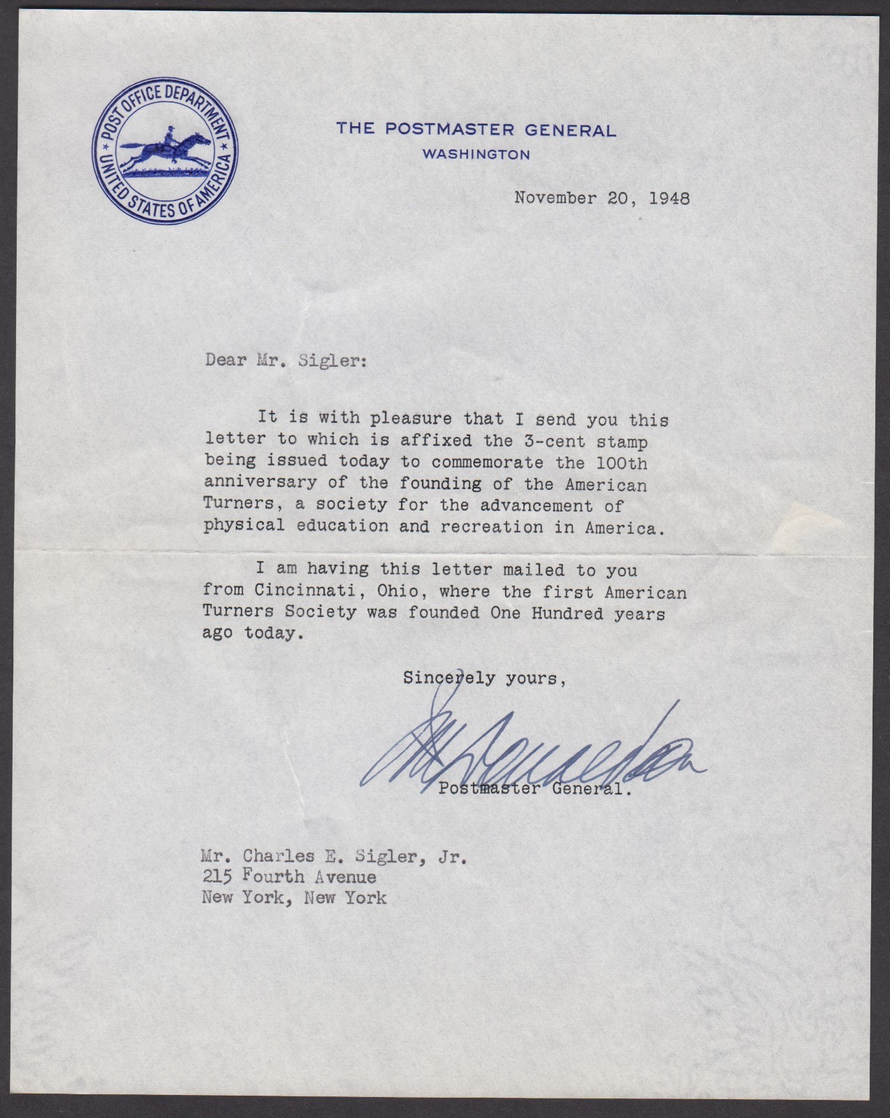 Signed Postmaster General Letter with 3¢ American Turners stamp FDC ...