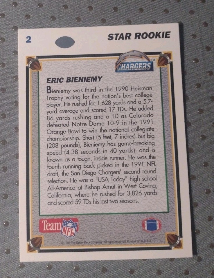 1991 Upper Deck Football Eric Bieniemy #2 San Diego Chargers Rookie ...