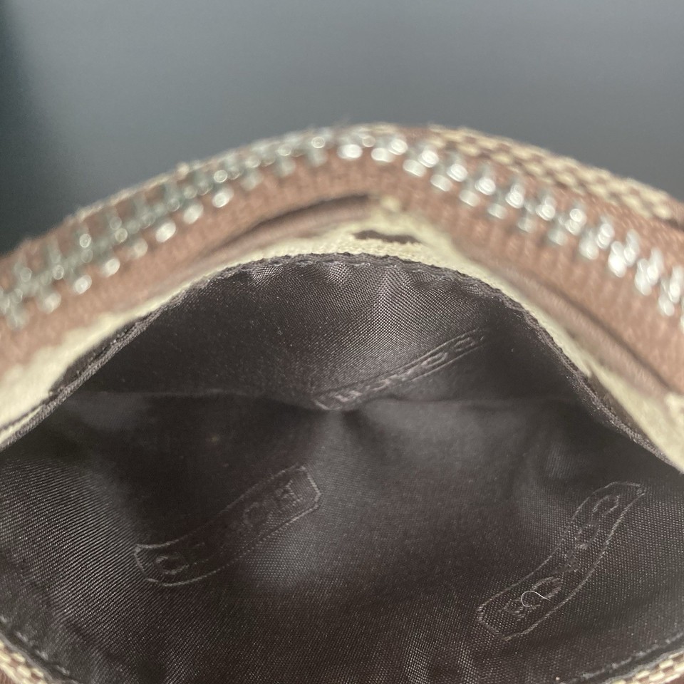 Coach Zip Card ID Holder Mini Wallet Keychain Signature Fabric with Tan ...