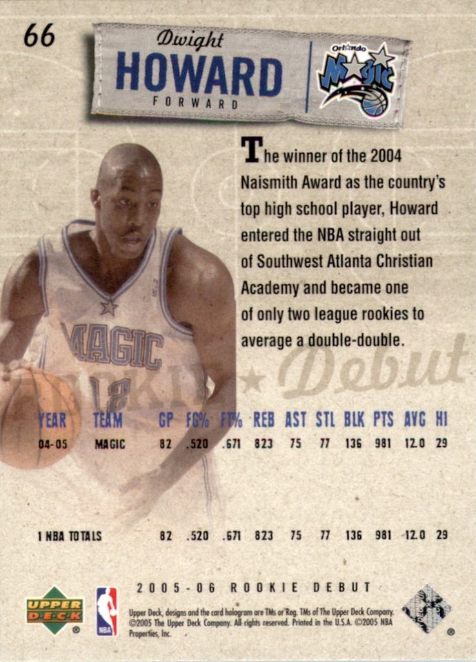 2005-06 UPPER DECK ROOKIE DEBUT DWIGHT HOWARD ORLANDO MAGIC #66 NM-MT ...