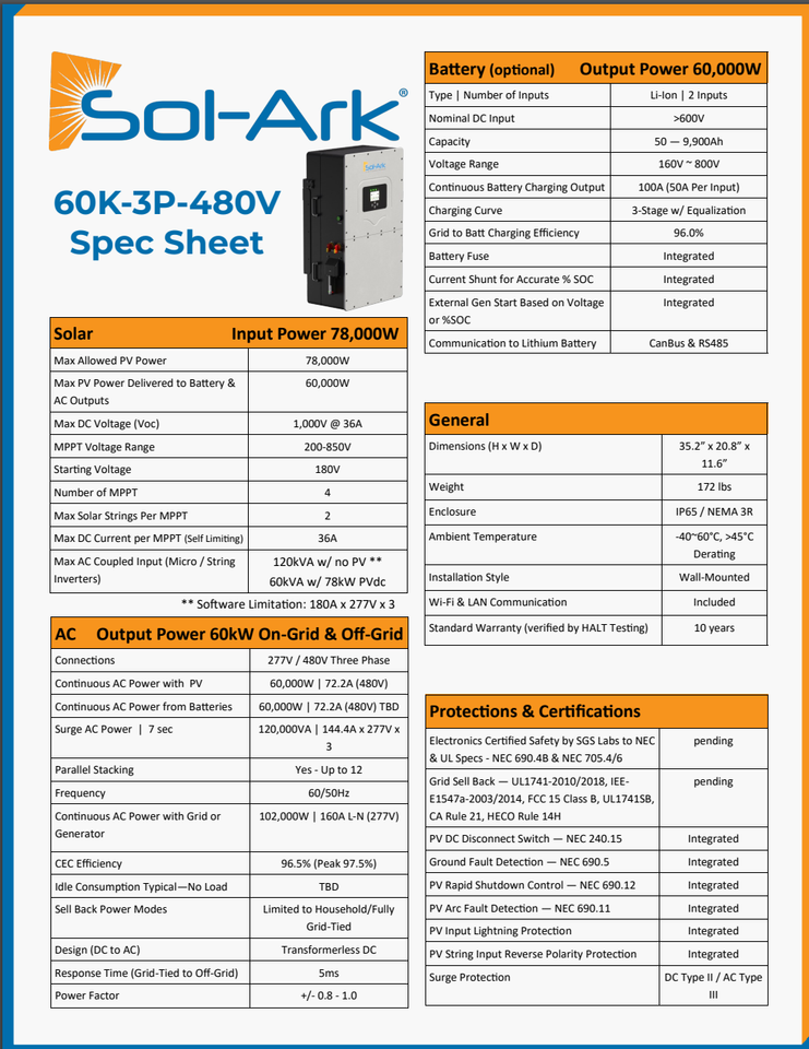Sol-Ark 60K HV All-In-One Stackable 480V 3-Phase Hybrid Inverter 60K-3P ...