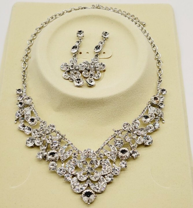Crystal Flower Necklace Pageant Prom Wedding Jewelry SILVER TONE ...