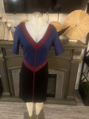 BCBG Max Azria Boie Dress Blue •J Depths Color Block V-Neck Deep Half ...