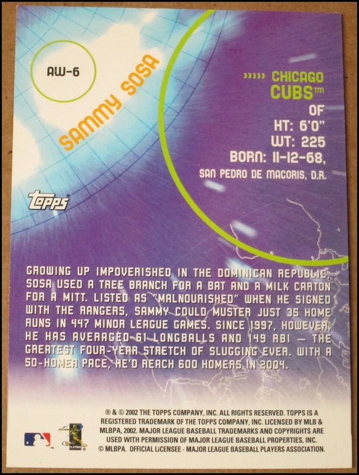 2002 Topps All-World Team Sammy Sosa Baseball Insert Card #AW-6 Chicago Cubs | eBay