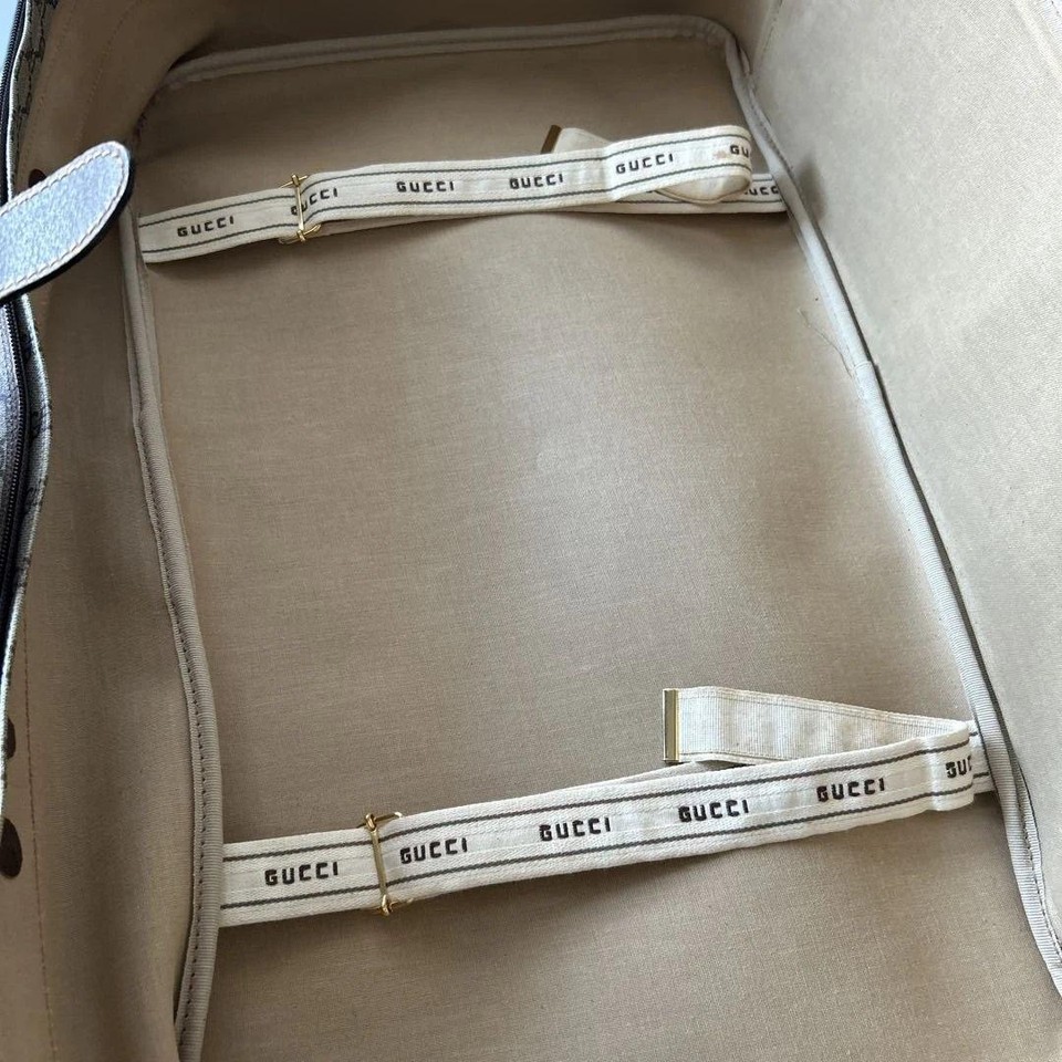 GUCCI Canvas Leather Boston Bag Beige Brown GG Pattern Stripe Travel ...