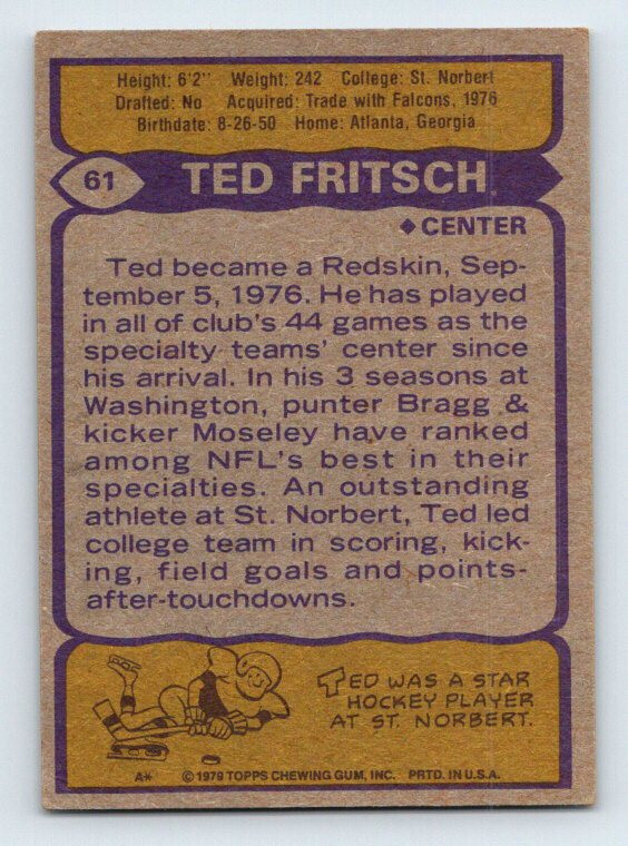 TED FRITSCH Washington Redskins 1978 Topps Football Card B211 | eBay