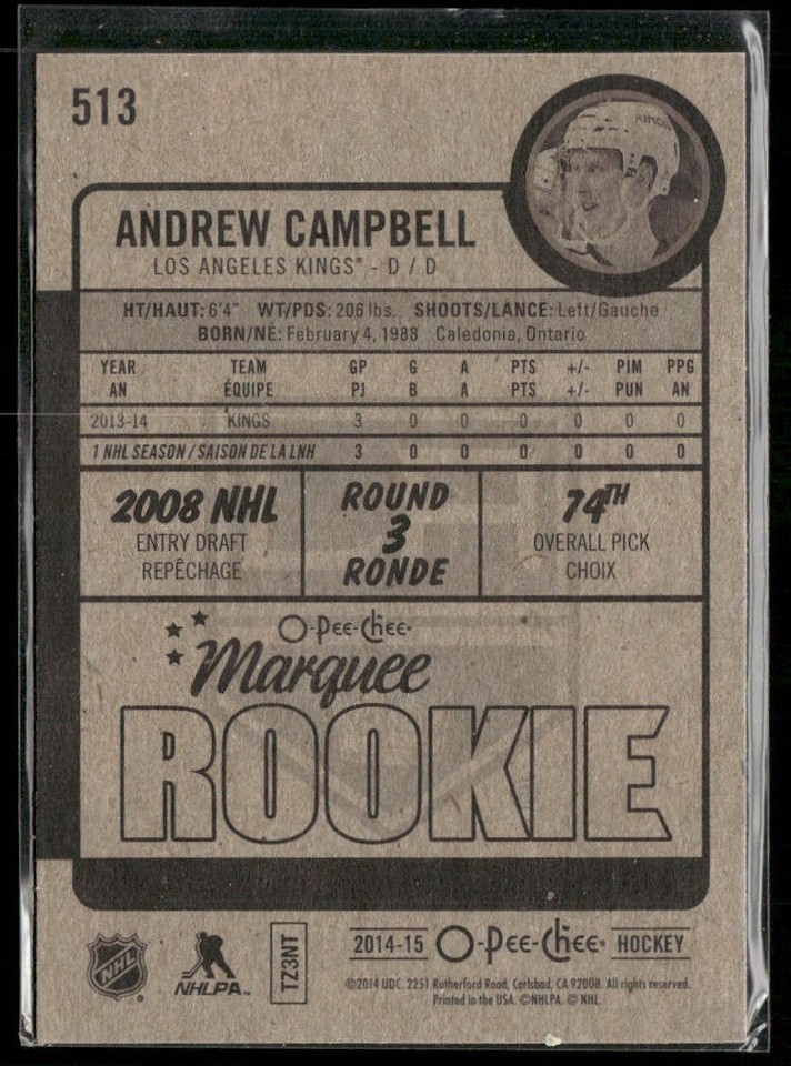 2014-15 O-Pee-Chee #513 Andrew Campbell Los Angeles Kings Rookie Hockey ...