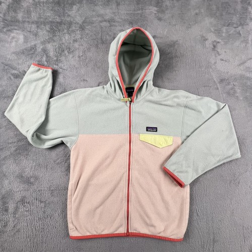 Patagonia Fleece Jacket Girls Large 12 Green Pink Hooded Full Zip ...