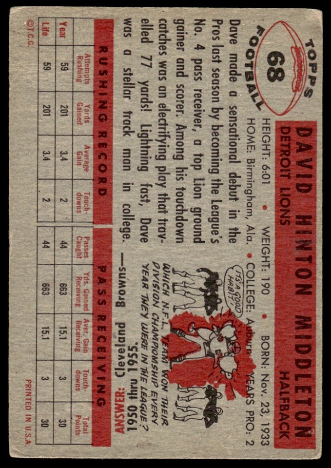 1956 Topps Dave Middleton Detroit Lions #68 | eBay