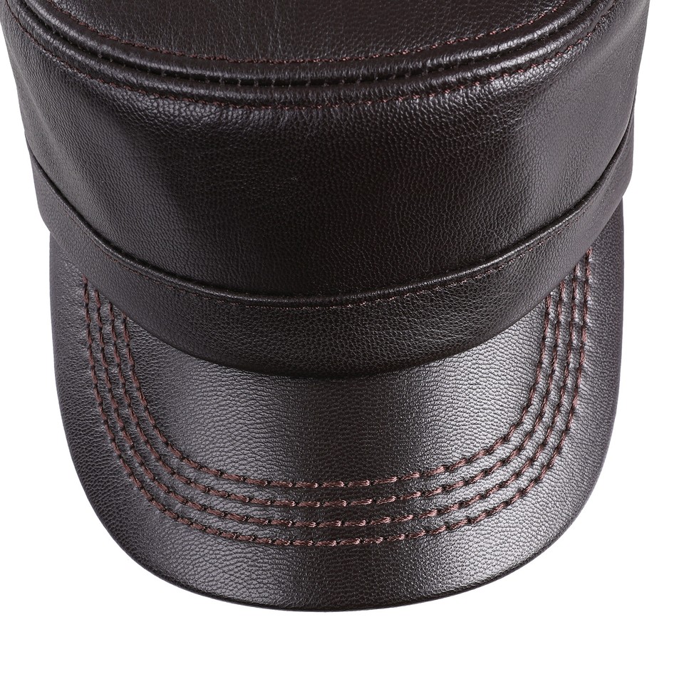 Men's Flat Top Cap Real Sheepskin Leather Military Style Caps Cadet ...