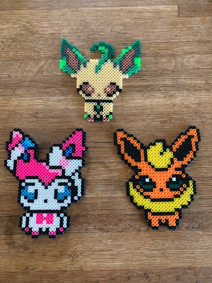 Handmade Perler bead: Three Eeveelutions. Flareon, Leafeon, and Sylveon ...