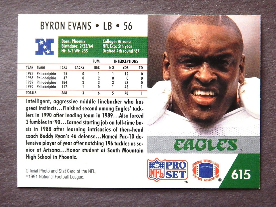Byron Evans #615 Pro Set 1991 Football Card (Philadelphia Eagles) LN | eBay