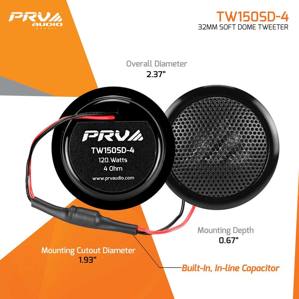 PRV Soft Dome Tweeter TW150SD-4 Built-In Crossover 240 Watts PAIR 4 Ohm ...