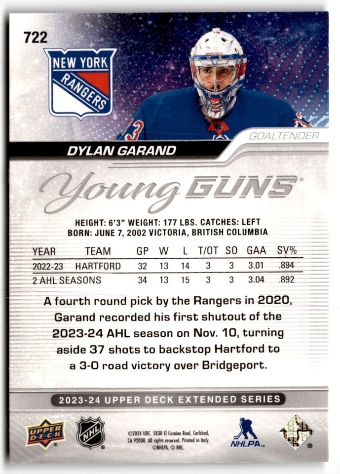 2023-24 Upper Deck Young Guns Dylan Garand Rookie #722 New York Rangers ...