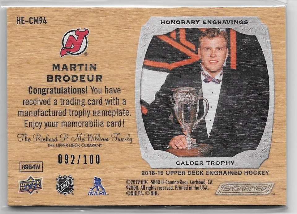18/19 UD Engrained: Martin Brodeur Honorary Engravings Card #'d 92/100 ...