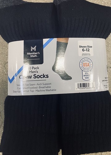 Member's Mark Men Crew Socks 10 Pair 75% Cotton Sizes 6-12 BLACK MADE ...