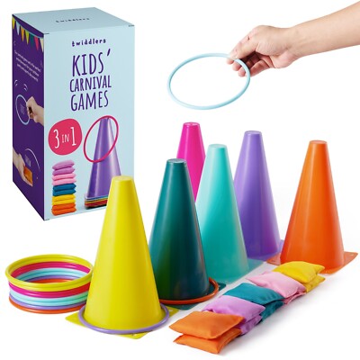 3 in 1 Ring Toss Party Game for Kids Play - Hoops, Cones and Bean Bag ...