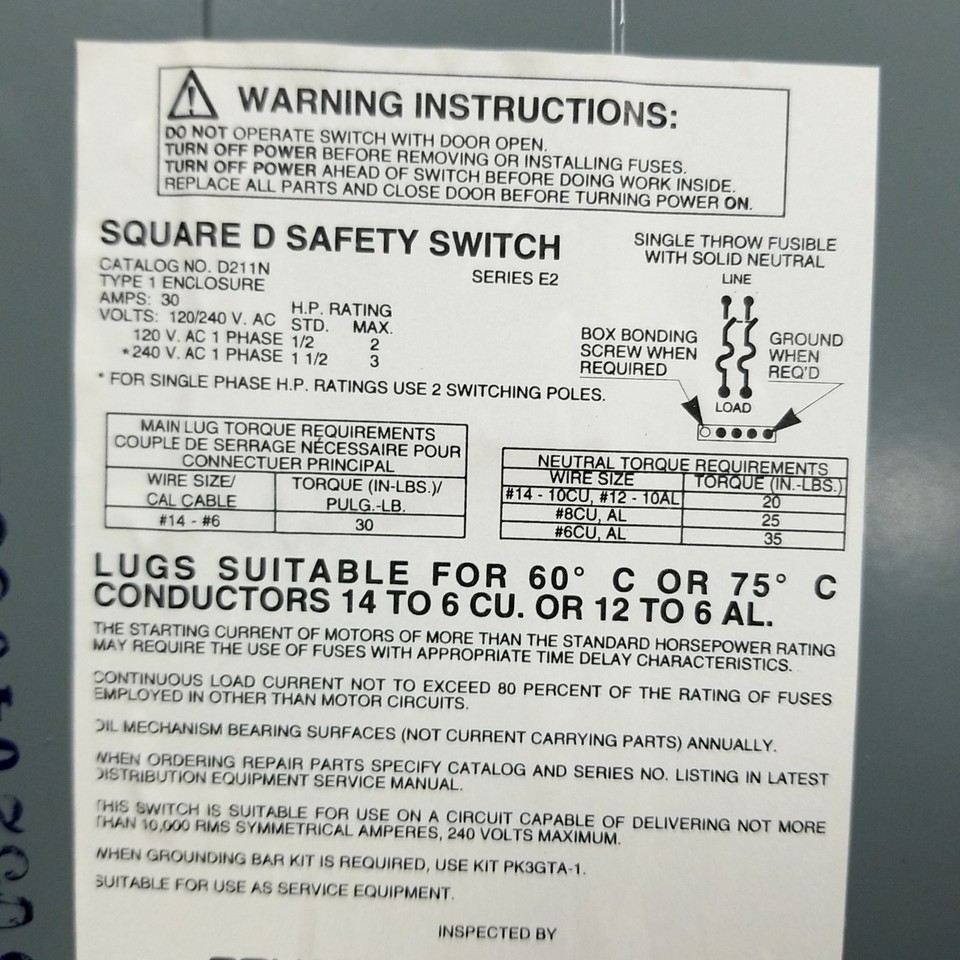 Square D General Duty Safety Switch For Garages Workshops 30 AMP ...