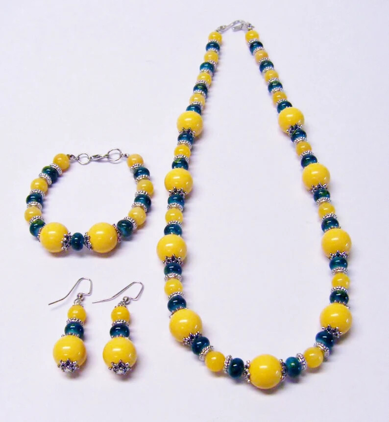 Yellow Howlite w/Yellow Natural Stone Beads Necklace/Bracelet/Earrings ...
